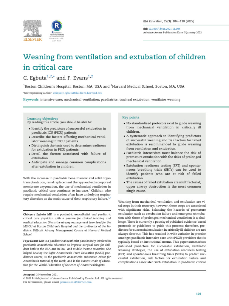 Weaning From Ventilation and Extubation of Childre | PDF | Intensive ...