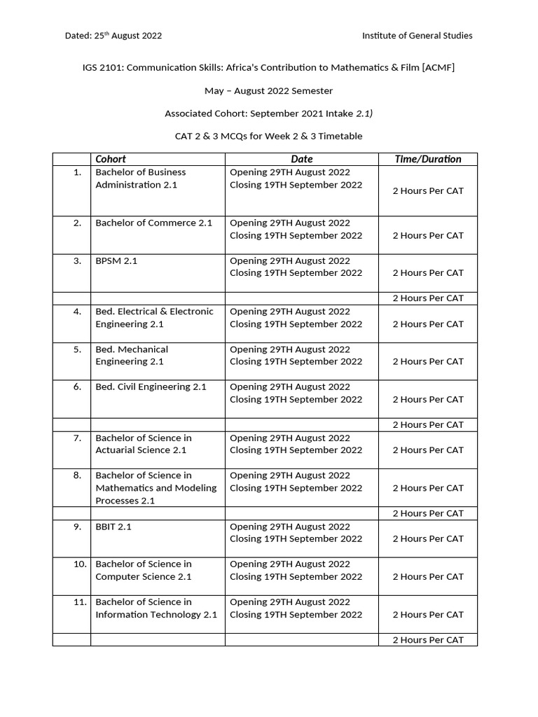 IGS 2101 CAT 2 & 3 for Week 2 & 3 Time Table May - August 2022 | PDF | Science | Engineering
