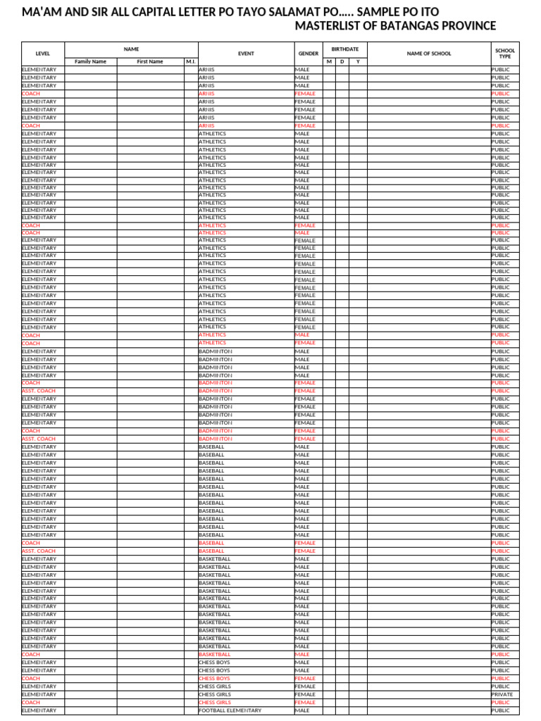 Masterlist of Athletes | PDF | Team Sports | Traditional Sports
