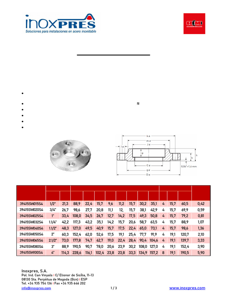 Brida socket welding 150 lbs Inoxpres | PDF | Plomería