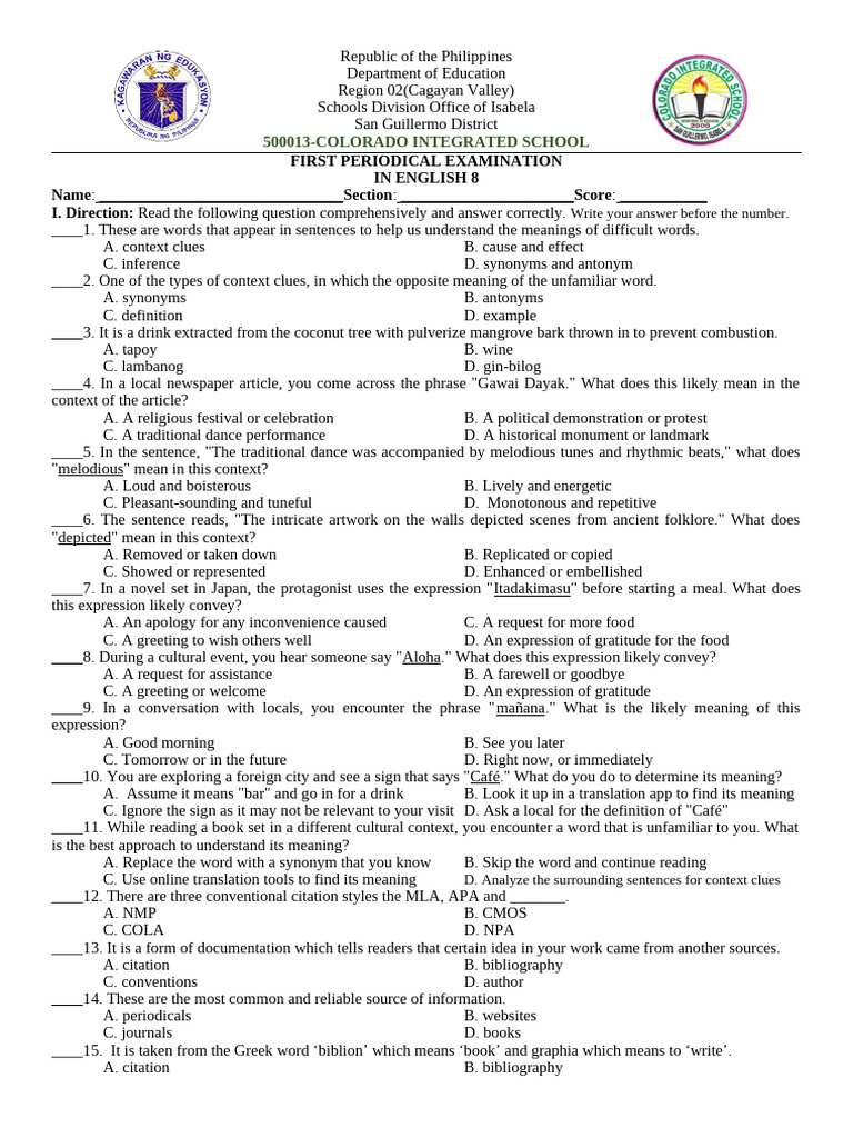 Englsih 8 First Periodical Examination | PDF | Citation | Verb