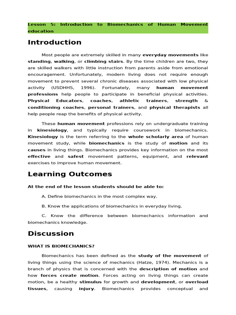 Lesson 5 Introduction To Biomechanics of Human Movement Education | PDF ...