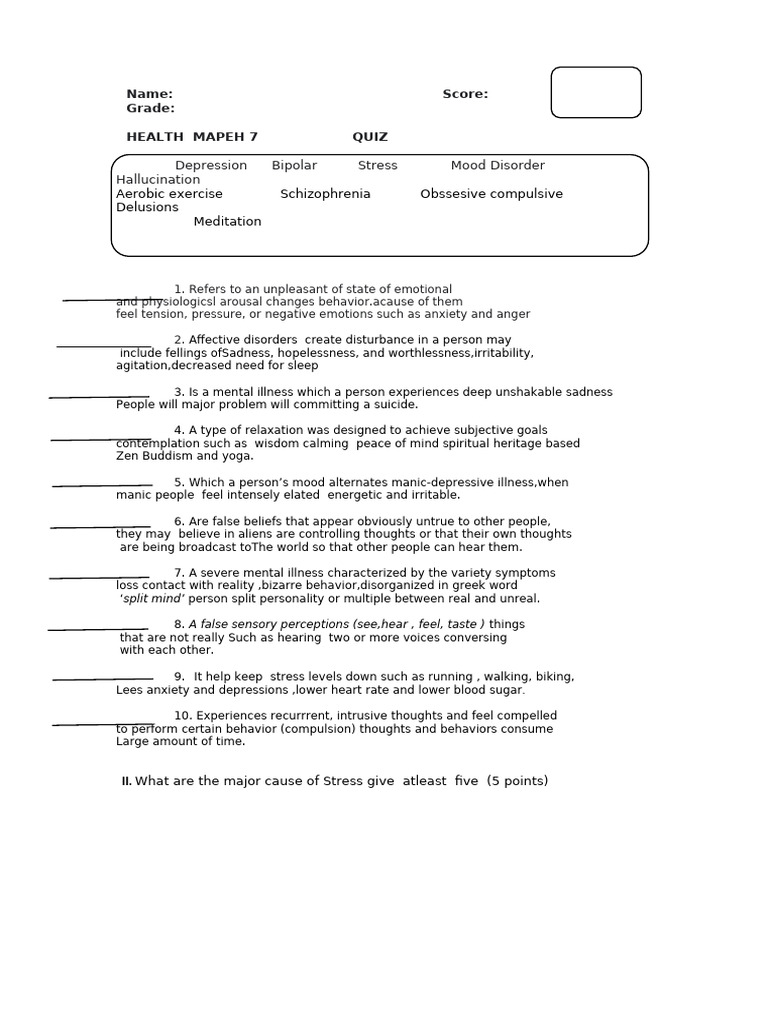 MAPEH 7 Health Quiz on Mental Disorders | PDF