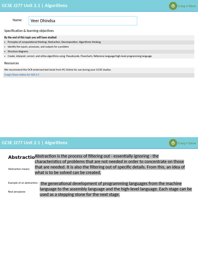 2.1 Workbook part 1 | PDF | Algorithms | Abstraction