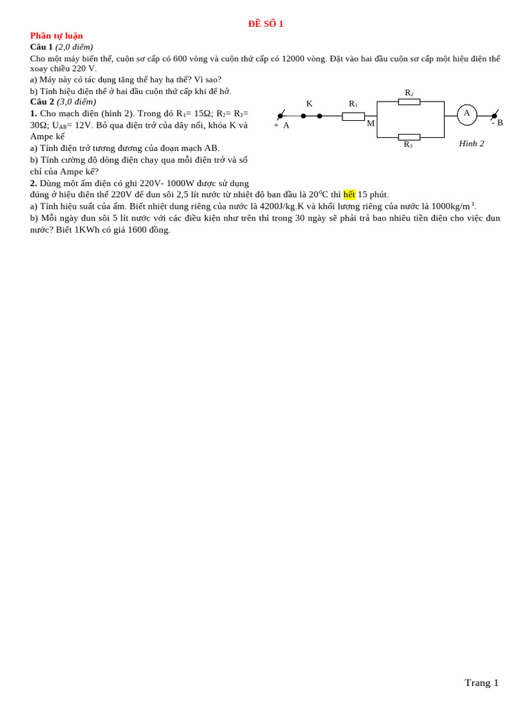 BTVN 11.12 tháng 12. Đề 1. TL | PDF