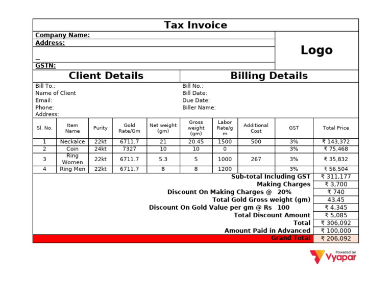 Jewellery Bill Format Template | PDF