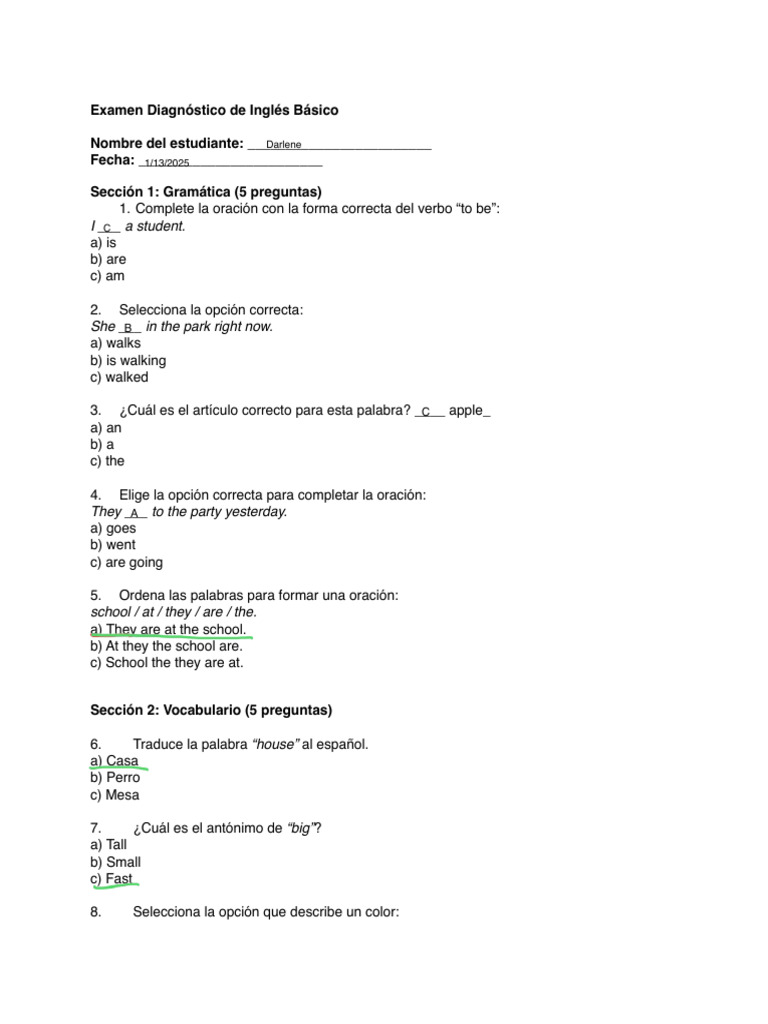 Examen Inglés Basico | PDF