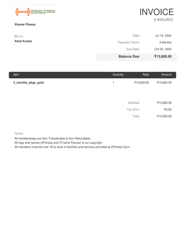 Xtreme Fitness Invoice for Amol Kumar | PDF