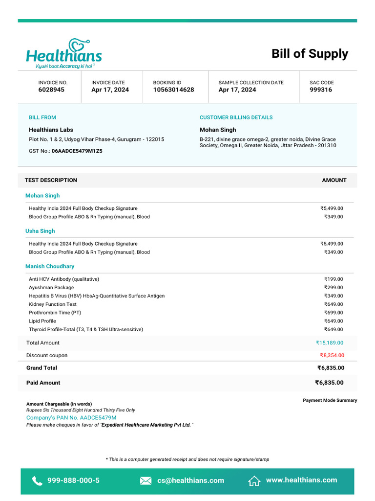 HEalthian Bill-Rohit Preventive Health Checkup | PDF | Blood Type ...
