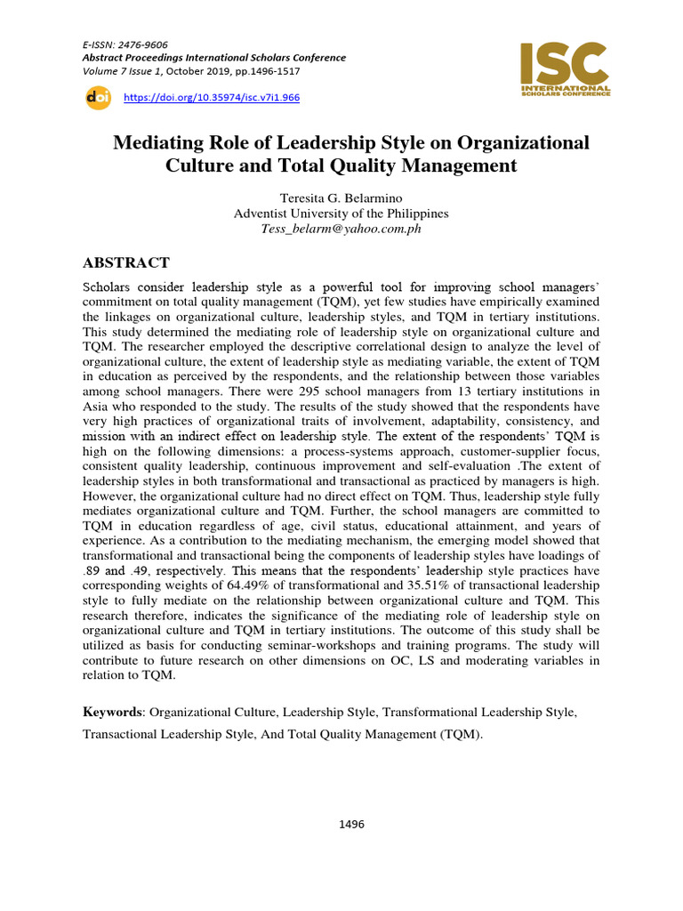 Mediating Role of Leadership Style On or | PDF | Leadership | Transformational Leadership