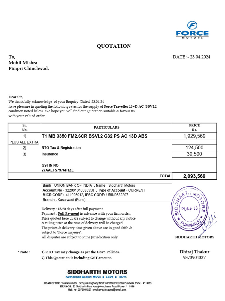 Quotation Force Traveller 13+D AC BS6.2 | PDF