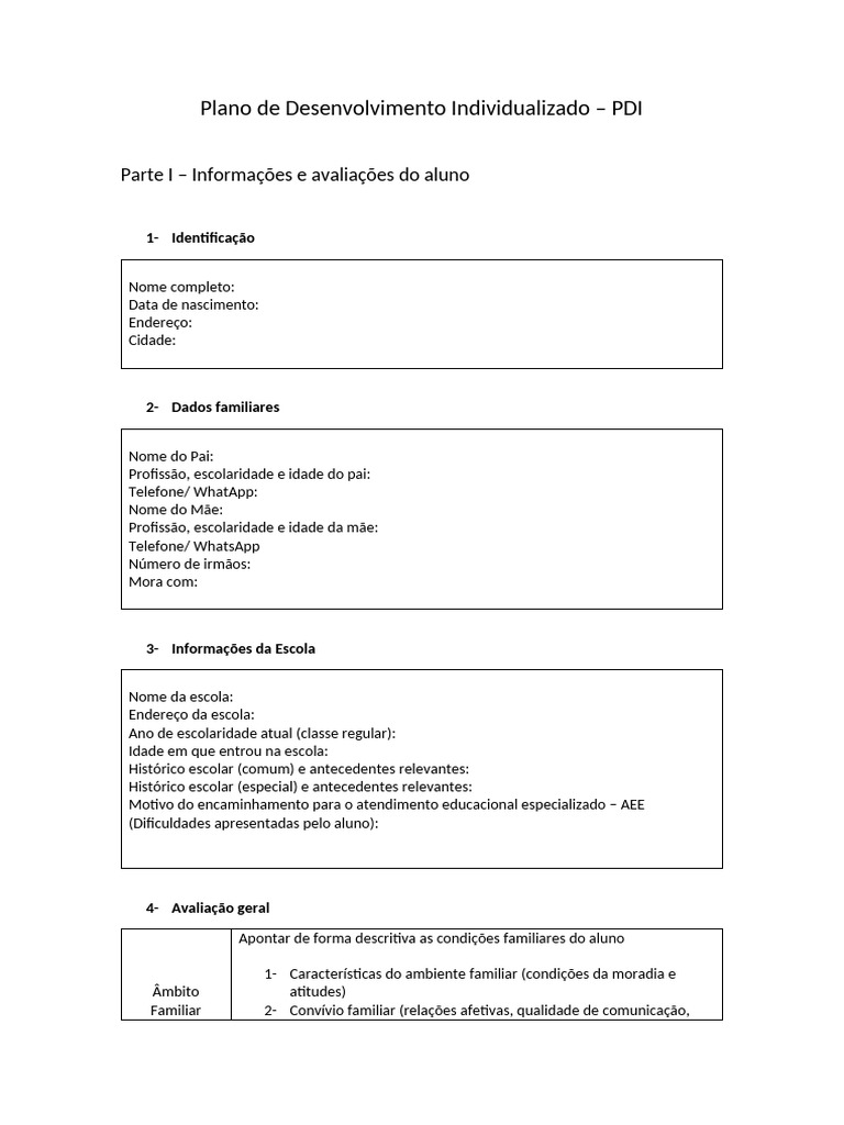 Plano de Desenvolvimento Individualizado - PDI | PDF | Educação ...