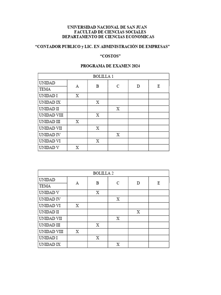 COSTOS - Programa de Examen AÑO 2024 | PDF