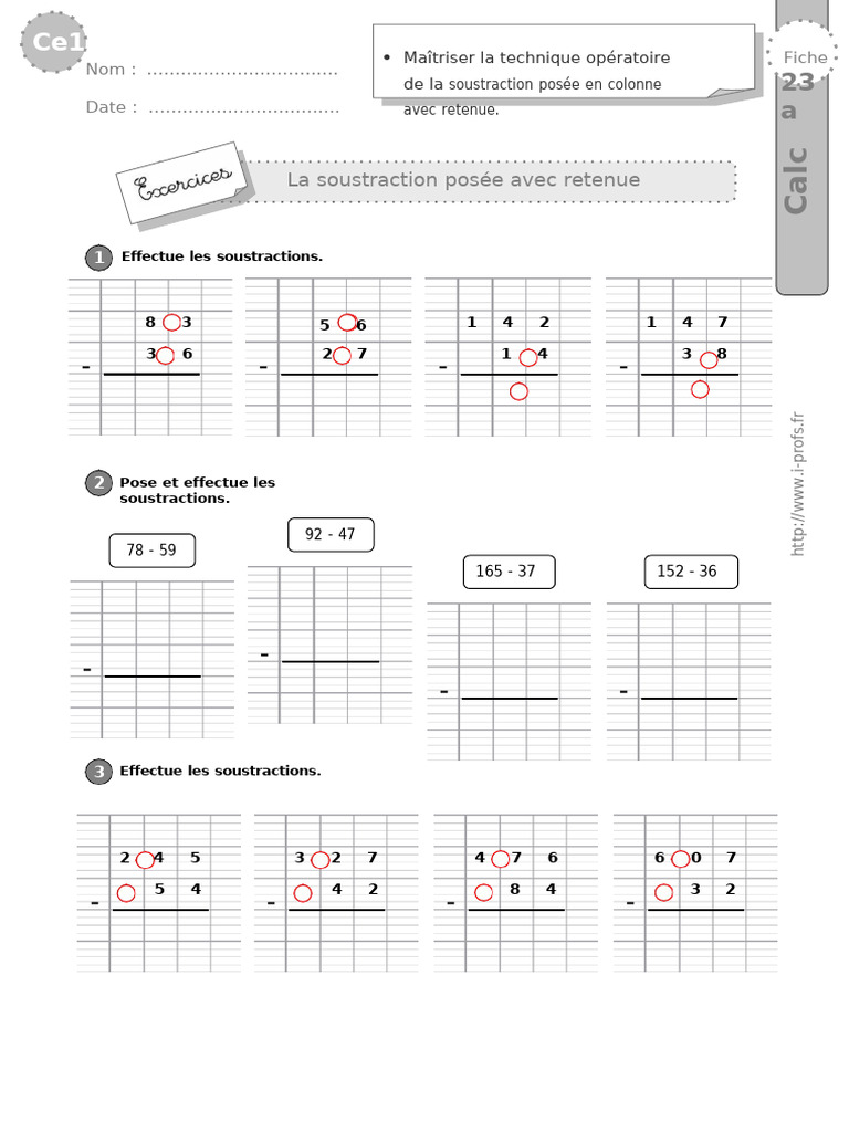 Soustraction posée avec retenue CE1 | PDF