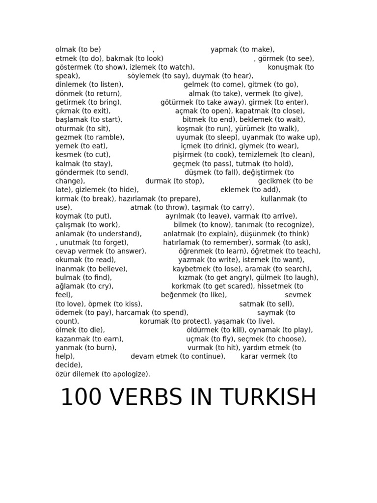 100 Verbs in Turkish | PDF