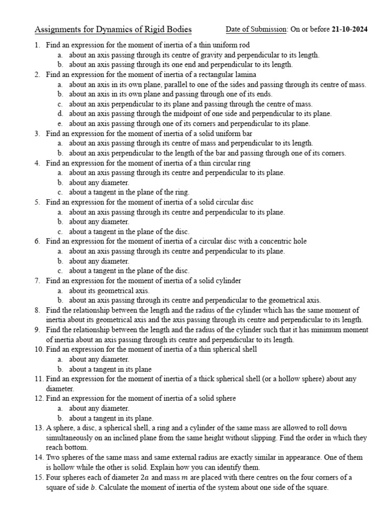 Assignments For Dynamics of Rigid Bodies | PDF | Sphere | Perpendicular