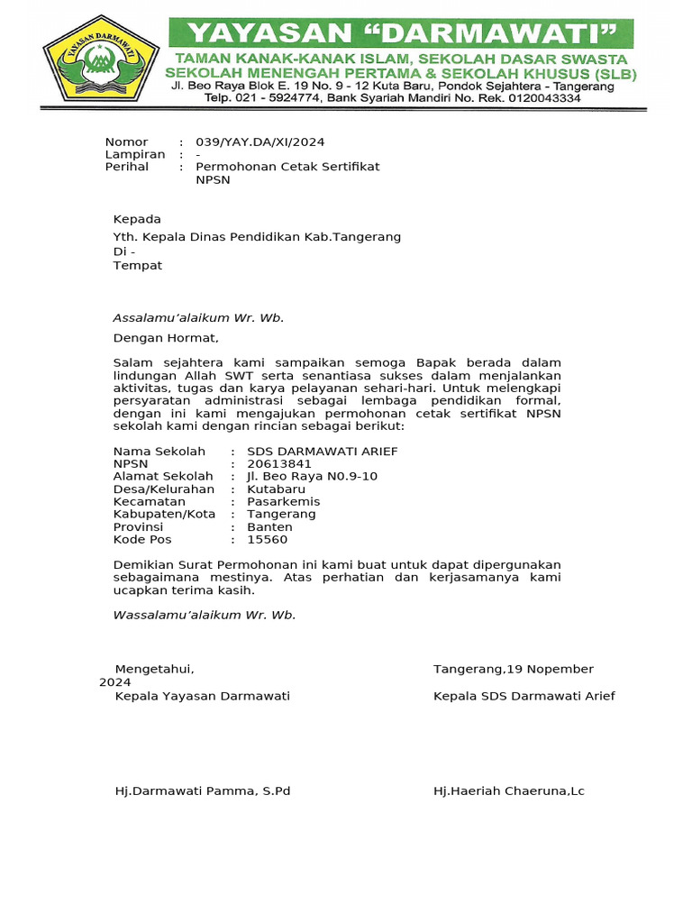 Surat Permohonan NPSN | PDF