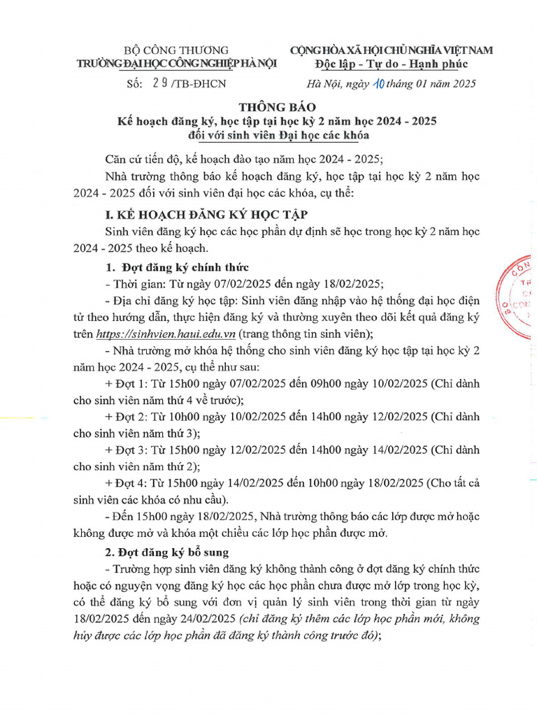 Tb 29 Ke Hoach Dang Ky Hoc Tap Tai Hoc Ky 2 Nam 2024 2025 (1) | PDF