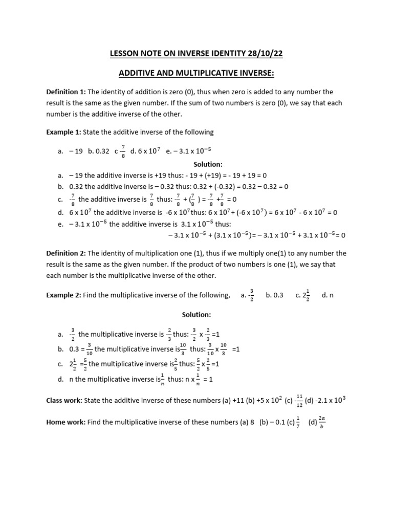 Lesson Note On Inverse Identity 28 | PDF