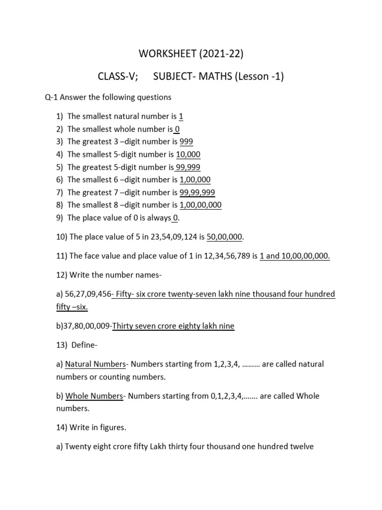 WORKSHEET Class 5 Lesson-1 | PDF