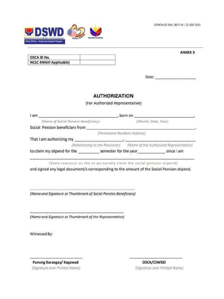 Authorization Letter Dswd-Osca | PDF