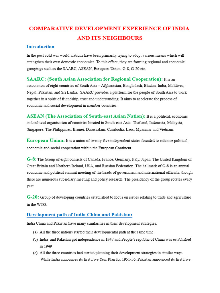 Comparative Development Experience of India and Its Neighbours - (Class 12) | PDF | Economic ...