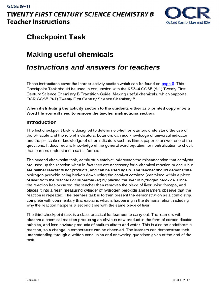 Making Useful Chemicals Checkpoint Activity | PDF | Chemical Reactions | Ph