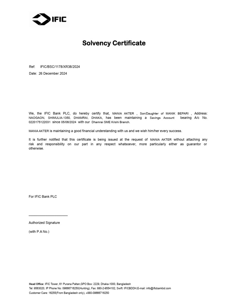 IFIC Bank Solvency Certificate for Mania Akter | PDF