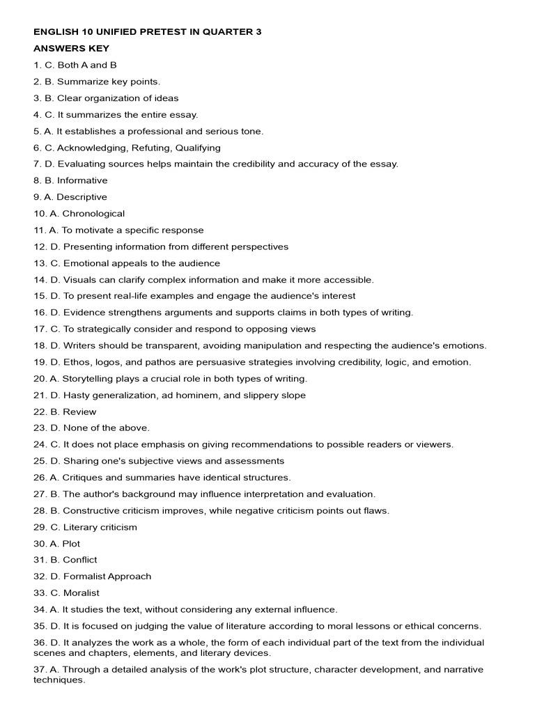 English 10 Quarter 3 Pretest Answers | PDF | Narrative | Plot (Narrative)