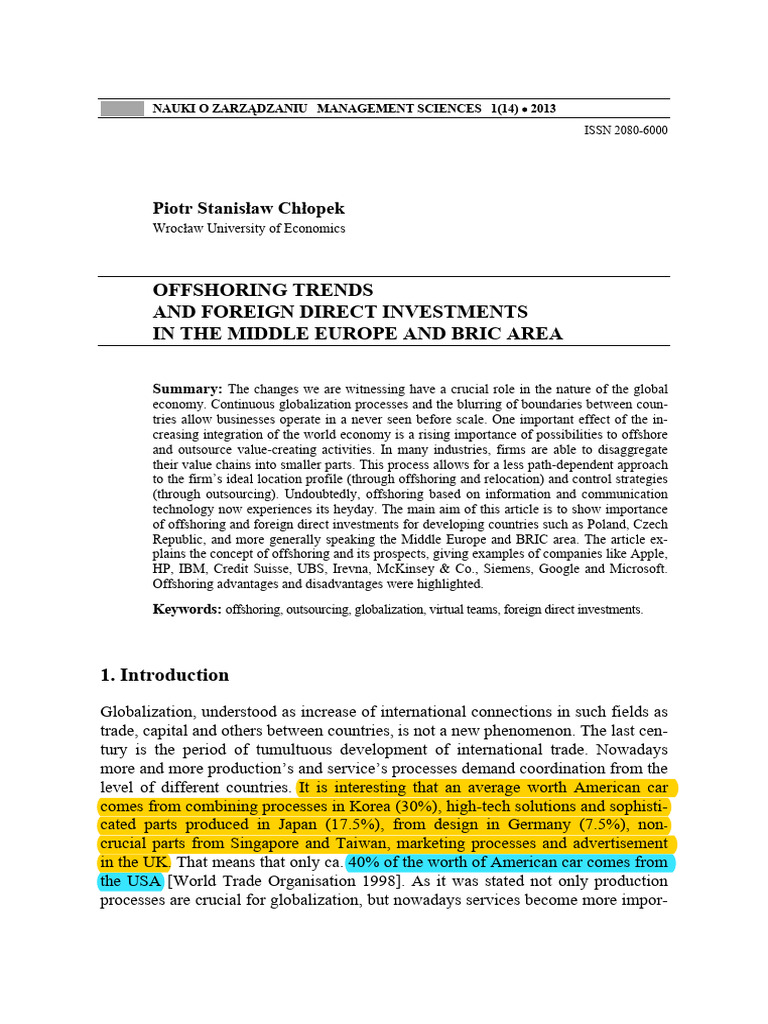 [Reading 1.2] Chlopek, P.S. (2013) Offshoring Trends And Foreign Direct ...