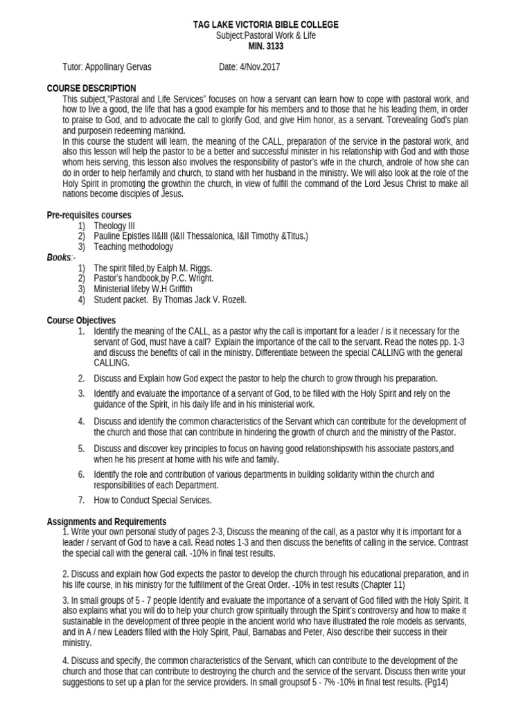 SYLABUS YA PASTORAL WORK Final Assignment Xiv H | PDF | Prayer | Lecture