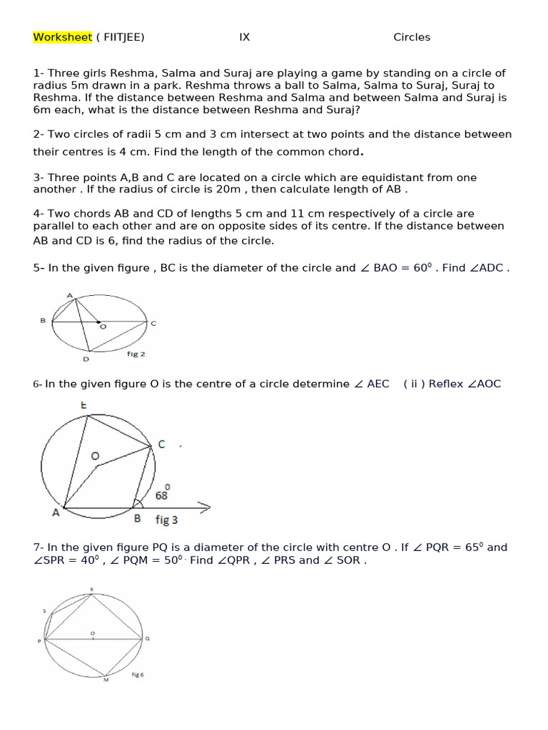 Worksheet Class 9 Circles | PDF