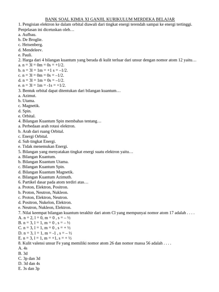 Bank Soal Kimia Xi Ganjil Kurikulum Merdeka Belajar Siswa | PDF