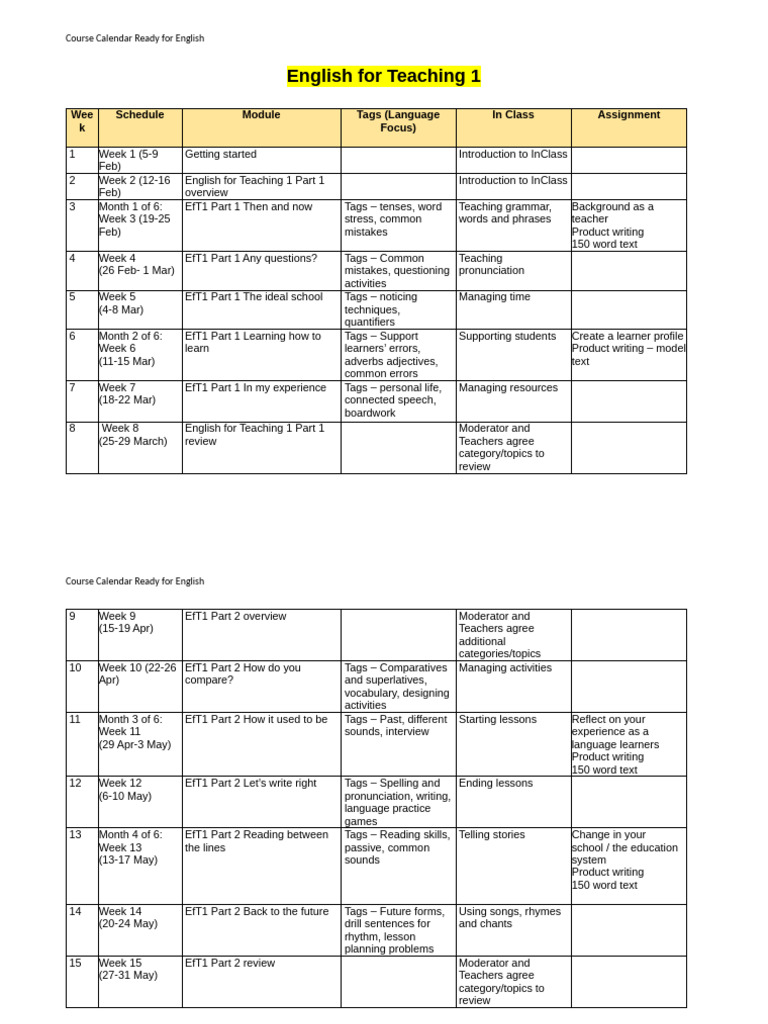English Teaching Course Calendar | PDF | English Language | Grammar