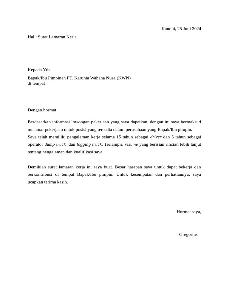 Surat Lamaran PT. KWN | PDF