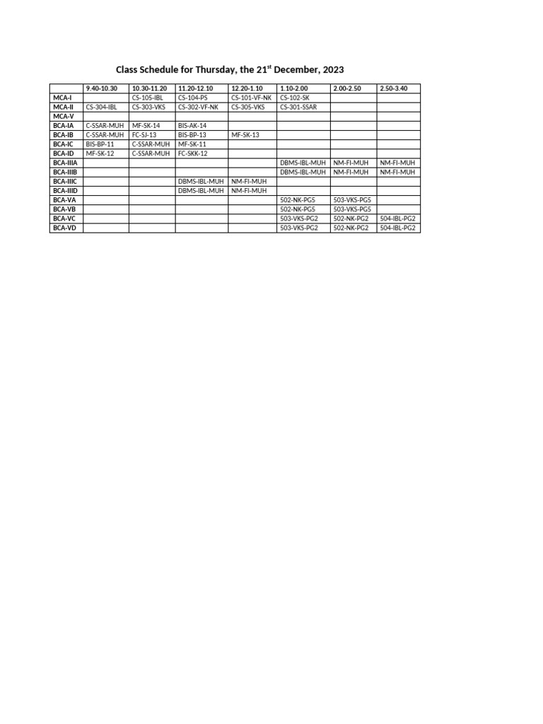 Class Schedule For 21-12-2023 | PDF