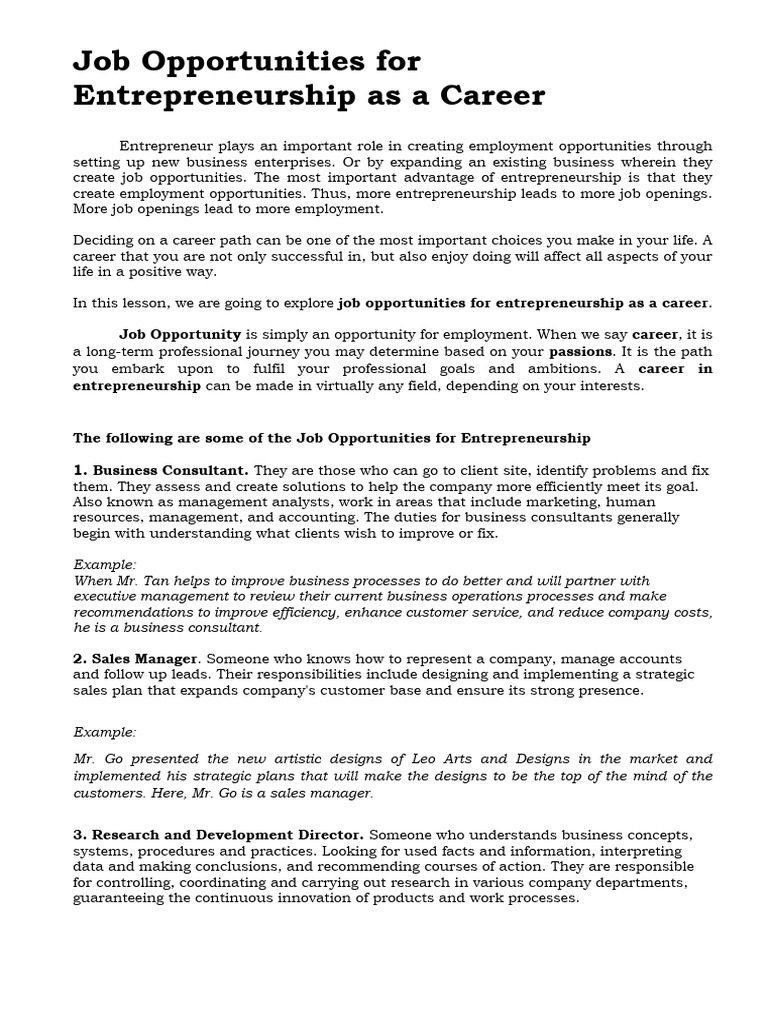 Job Opportunities For Entrepreneurship As A Career | PDF ...