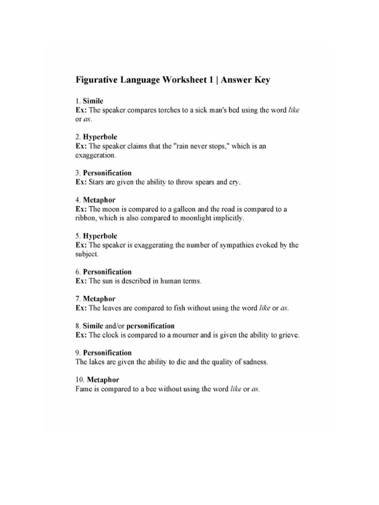 Figurative Language - Worksheet 1 - Answerkey | PDF