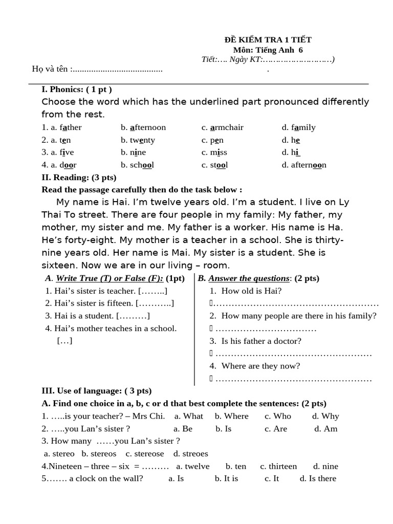 ĐỀ KIỂM TRA 1 TIẾT E6 | PDF | Language Mechanics | Syntax