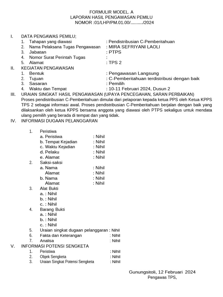 Laporan Formulir Model A) | PDF