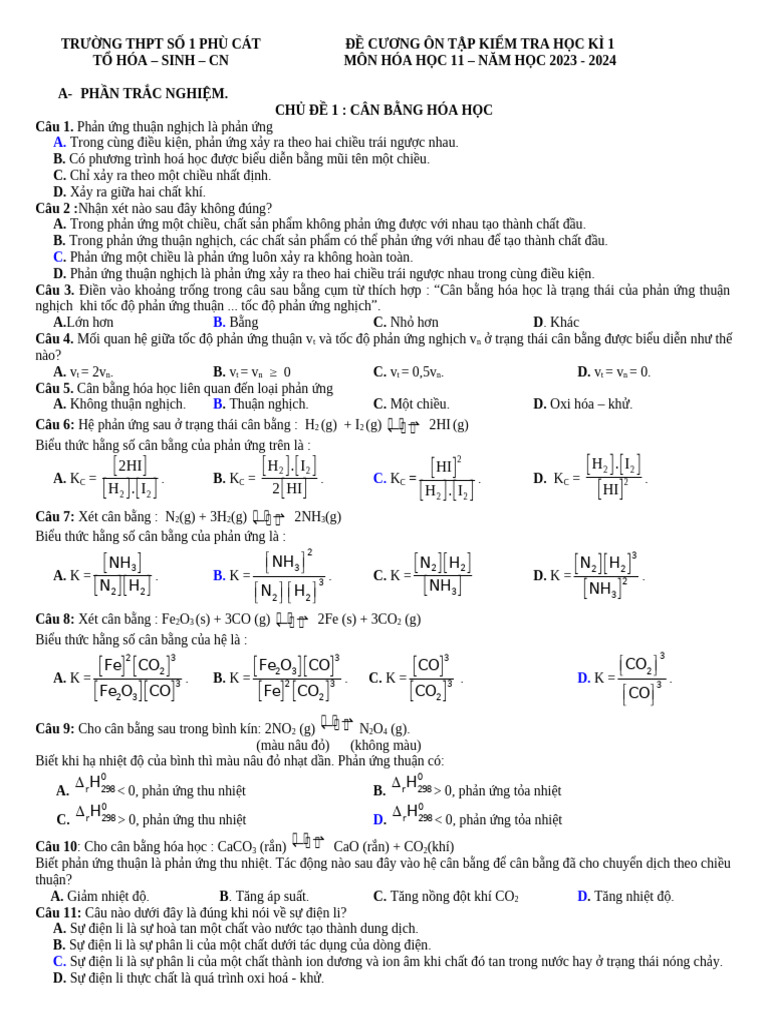 ĐỀ-CƯƠNG-HÓA-11-CK1-2023-2024 | PDF