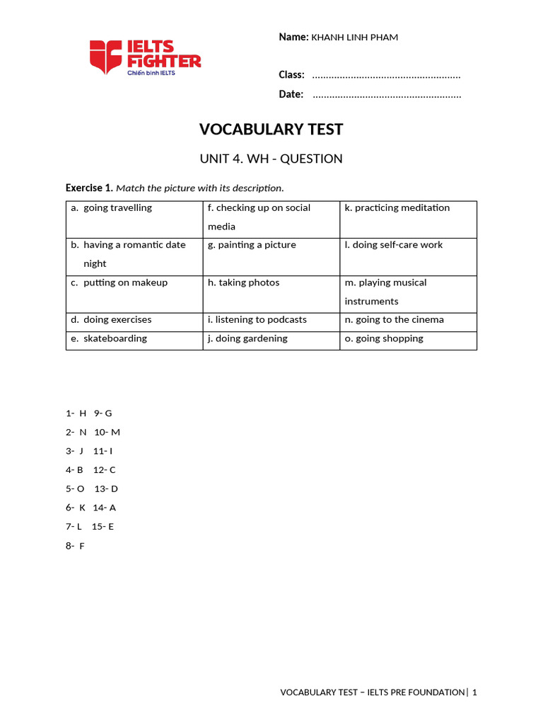 VOCAB TEST 4. UNIT 4. WH - Question | PDF