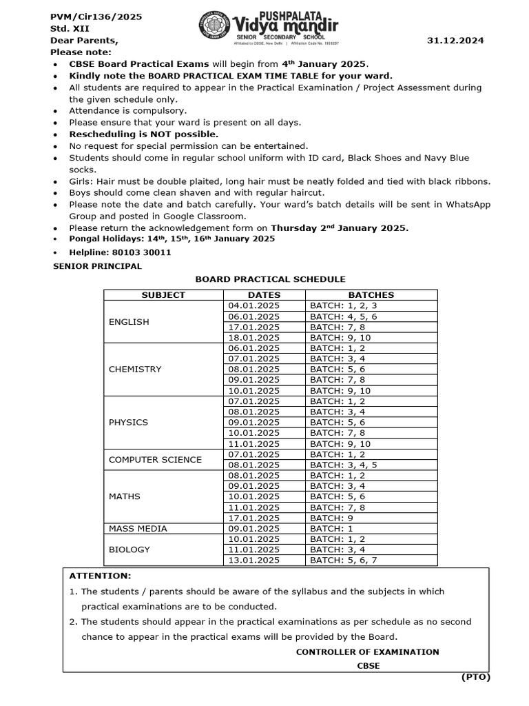 CBSE XII Practical Exam Schedule 2025 | PDF