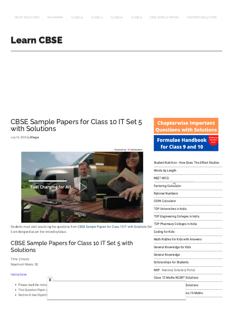CBSE Sample Papers For Class 10 IT Set 5 With Solutions - Learn CBSE | PDF | Databases | Spreadsheet