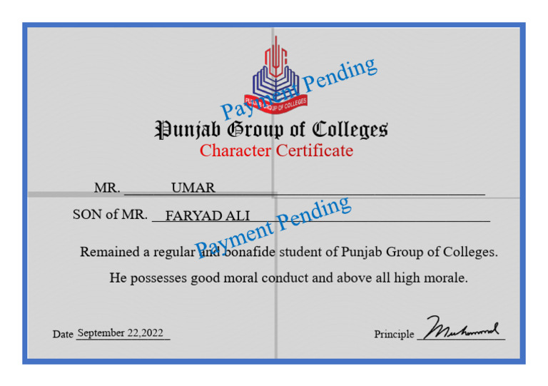 Character Certificate PUNJAB COLLEGE | PDF