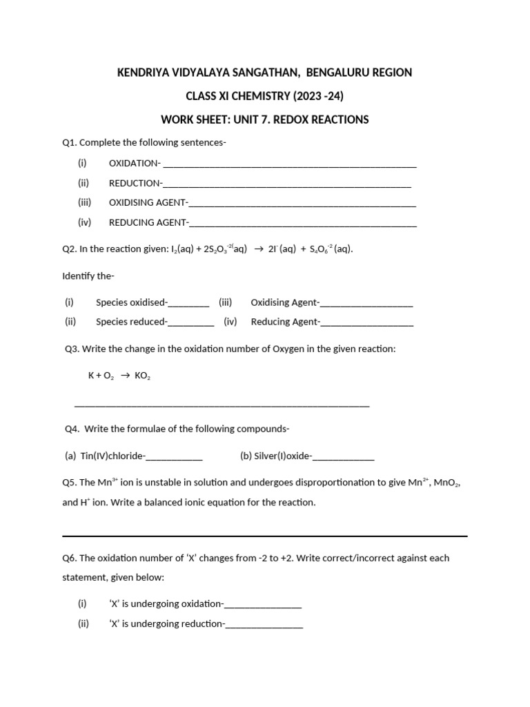 Class XI Redox Reactions Worksheet | PDF | Redox | Applied And ...