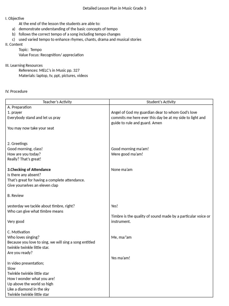 Detailed Lesson Plan in Music | PDF