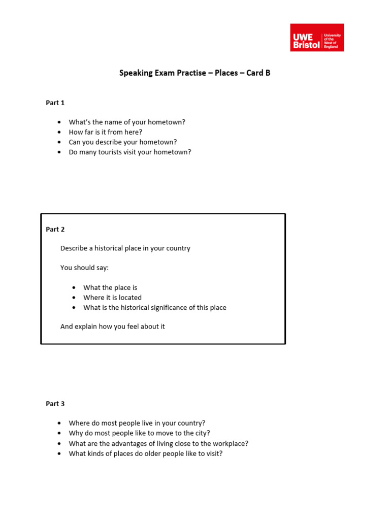 04 Card B - Speaking Exam Practise - Places | PDF