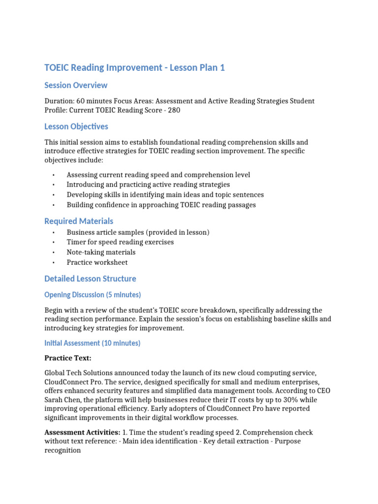 toeic-lesson-plan | PDF | Reading Comprehension | Lesson Plan
