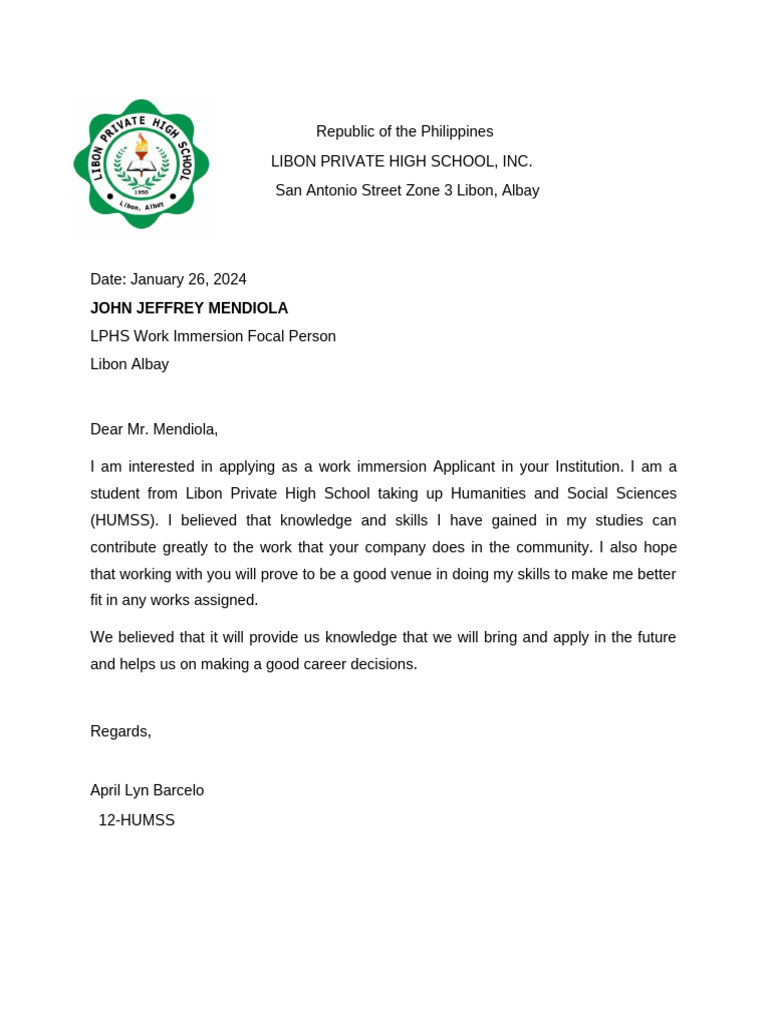 Application For Work Immersion April Lyn Barcelo | PDF